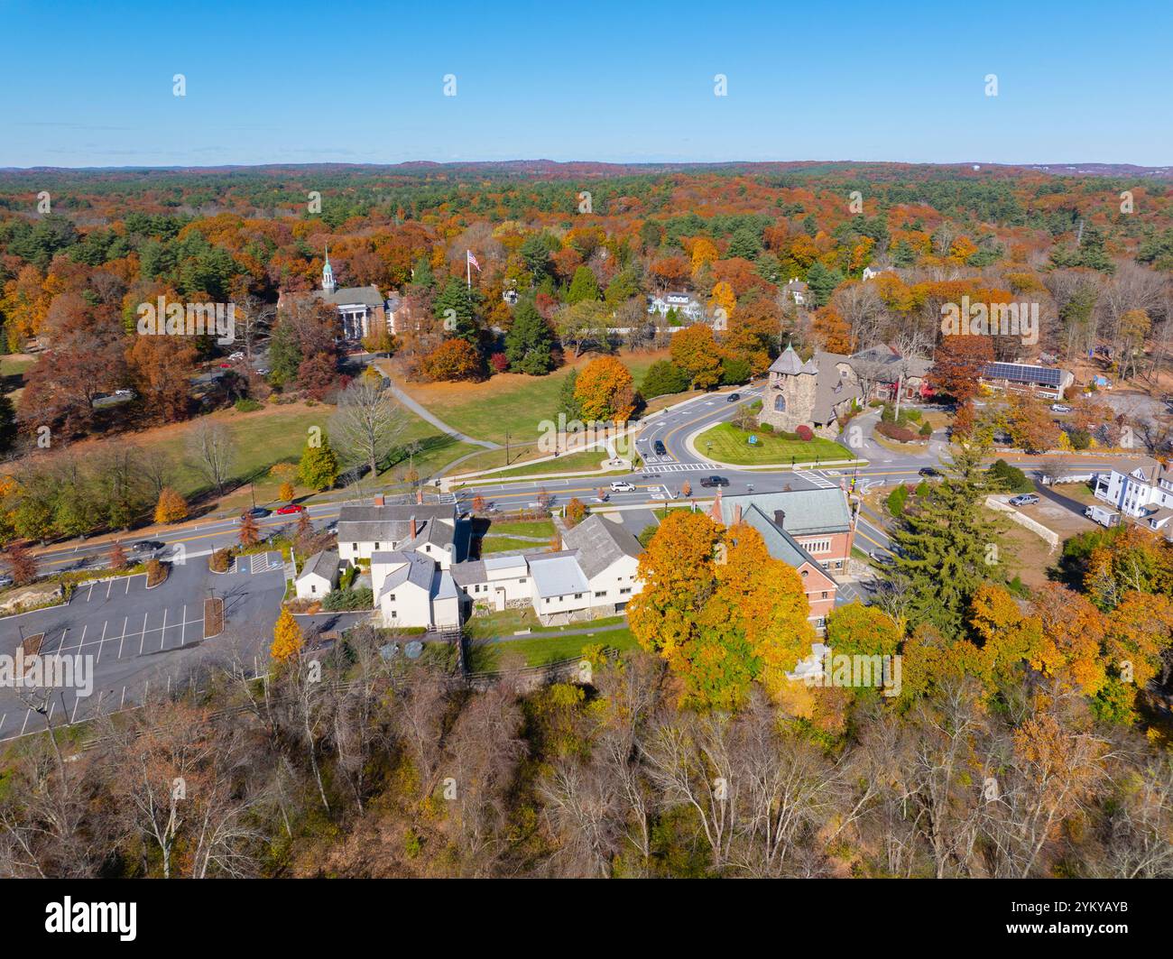 Weston historic town center aerial view including Town Hall at Lanson ...