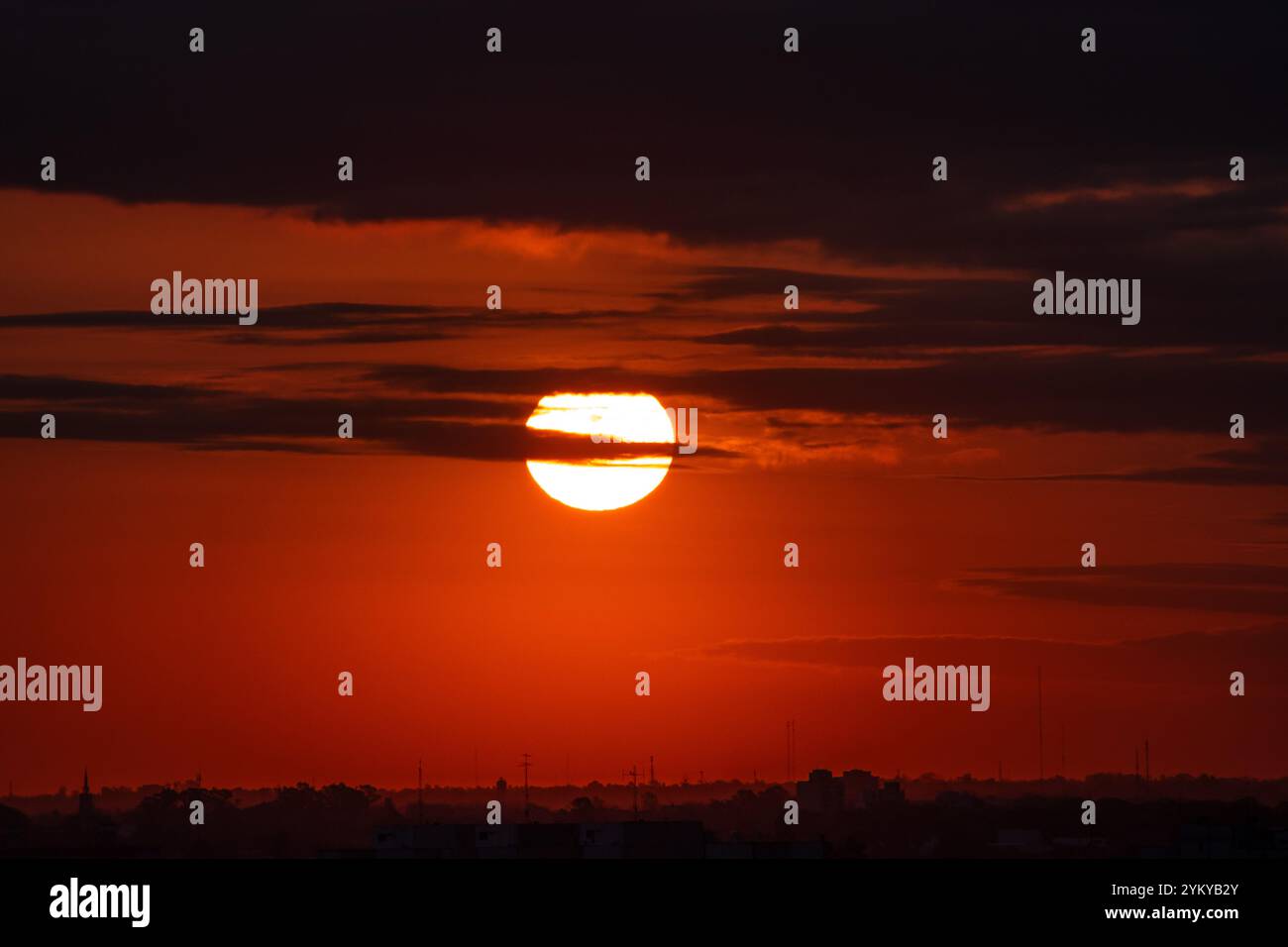 glowing fiery sunset, symbol for climate change and global warming ...