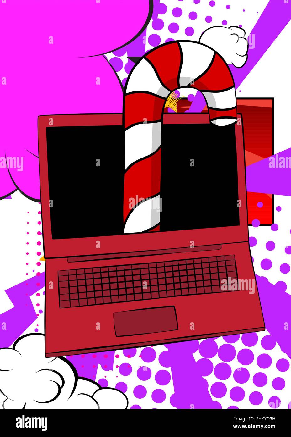 Cartoon Laptop, comic book Notebook with Candy cane. Retro vector ...