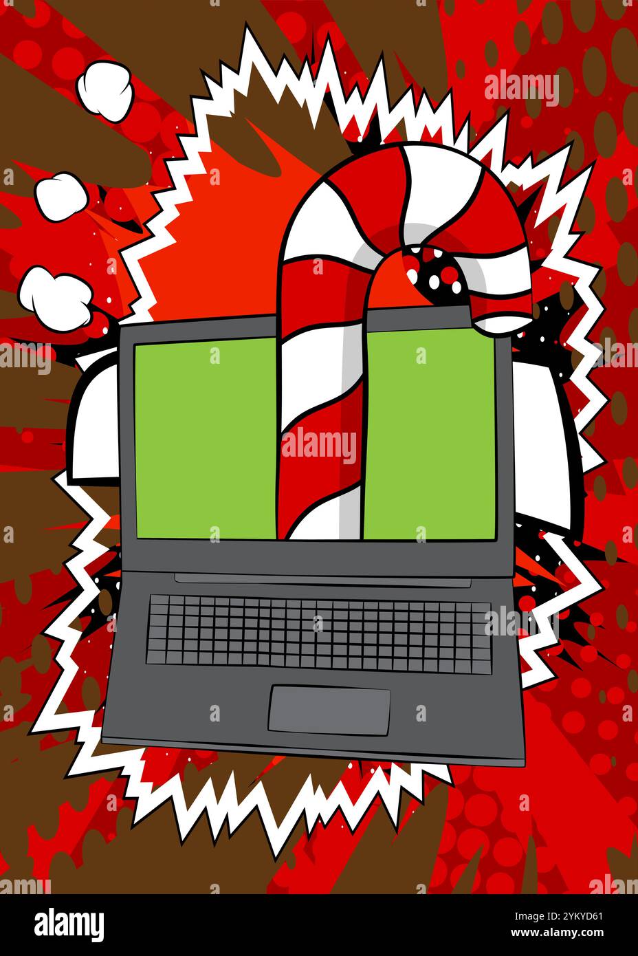 Cartoon Laptop, comic book Notebook with Candy cane. Retro vector ...