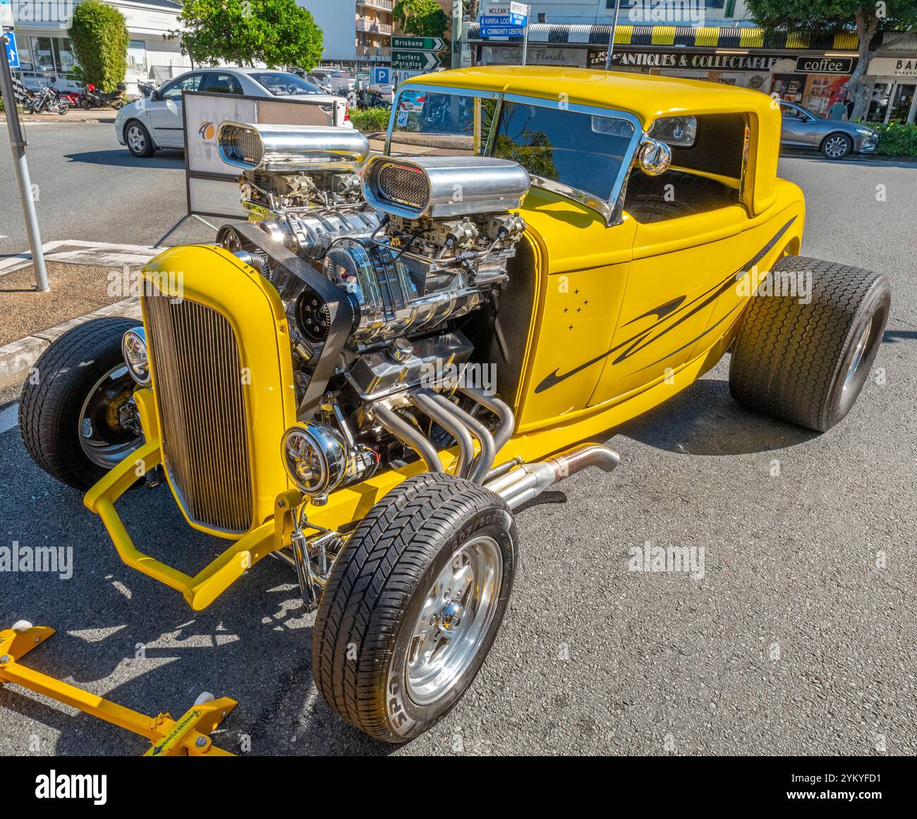 Yellow twin supercharged v8 Ford Coupe hot rod at the Cooly Rocks On ...