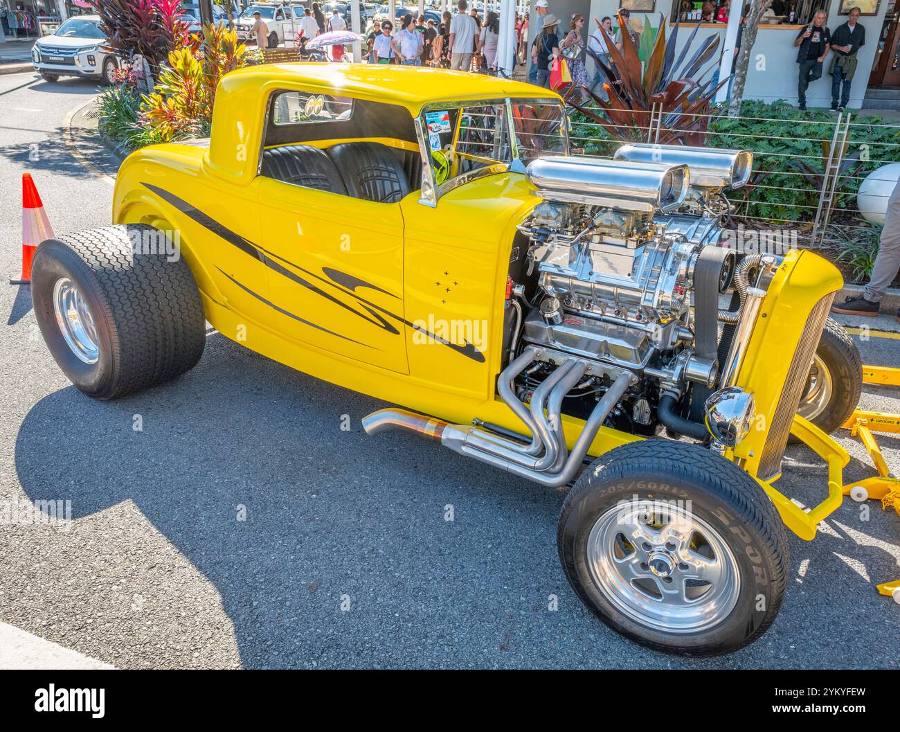 Yellow twin supercharged v8 Ford Coupe hot rod at the Cooly Rocks On ...