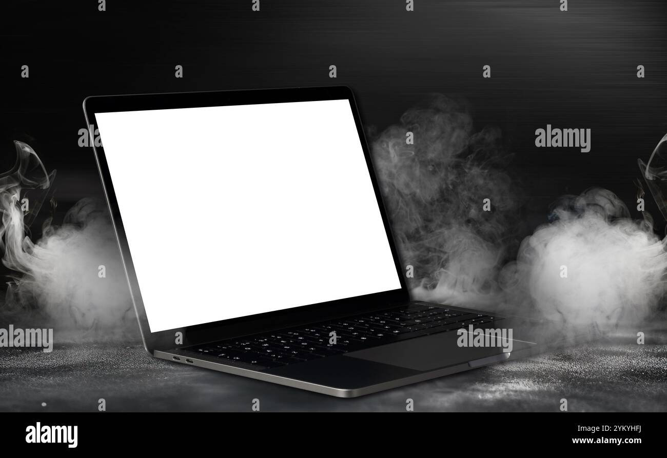 Laptop with blank empty white screen display mock up on a dark ...