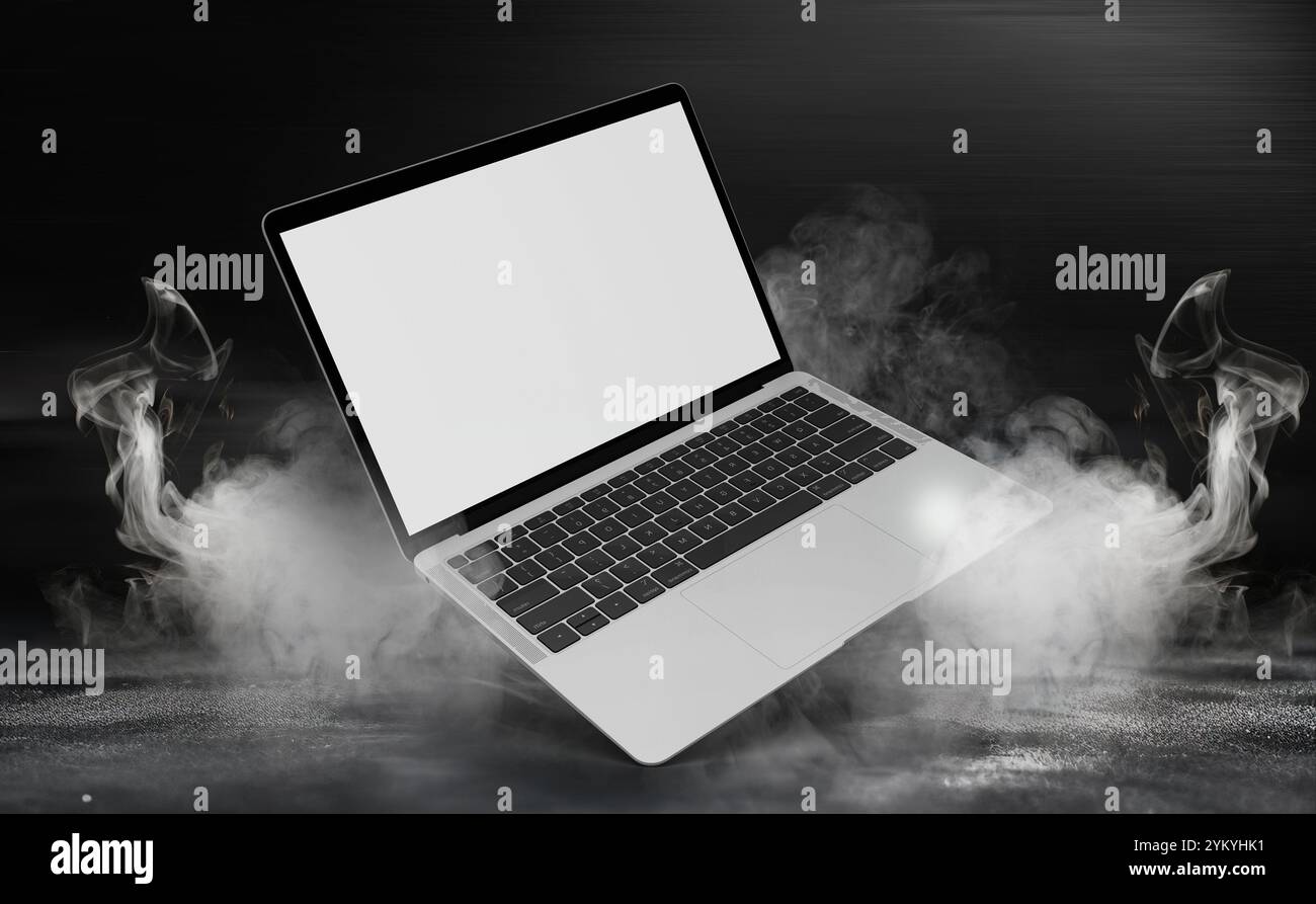 Laptop with blank empty white screen display mock up on a dark ...