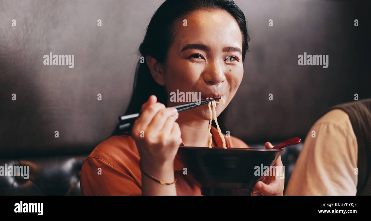 Japanese woman, eating and portrait in restaurant for date, bonding ...