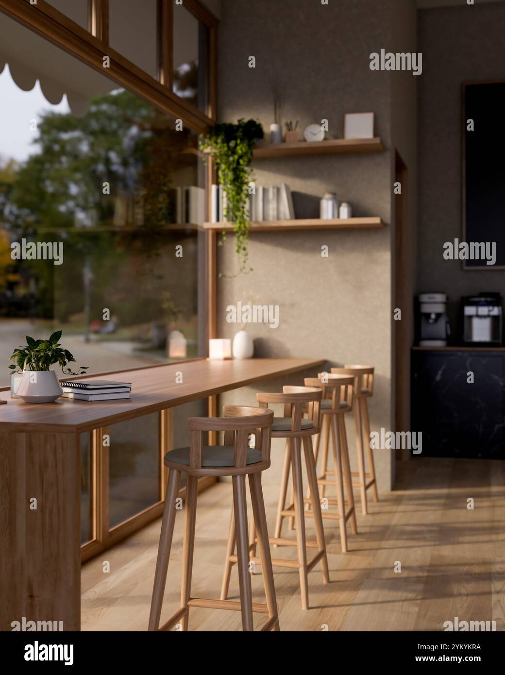 The interior of a contemporary, cozy coffee shop cafe features a long ...