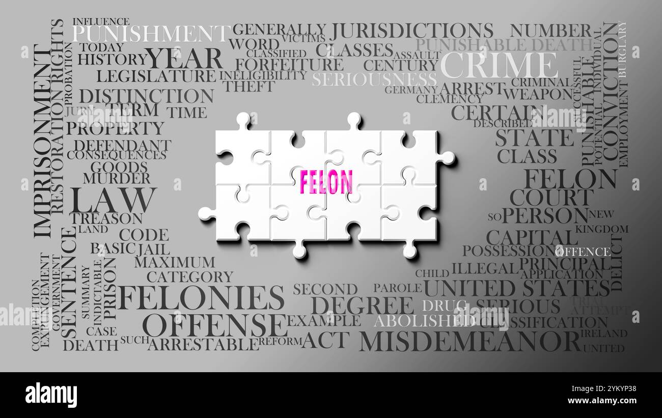 Felon as a complex subject, related to important topics spreading around as a word cloud Stock ...