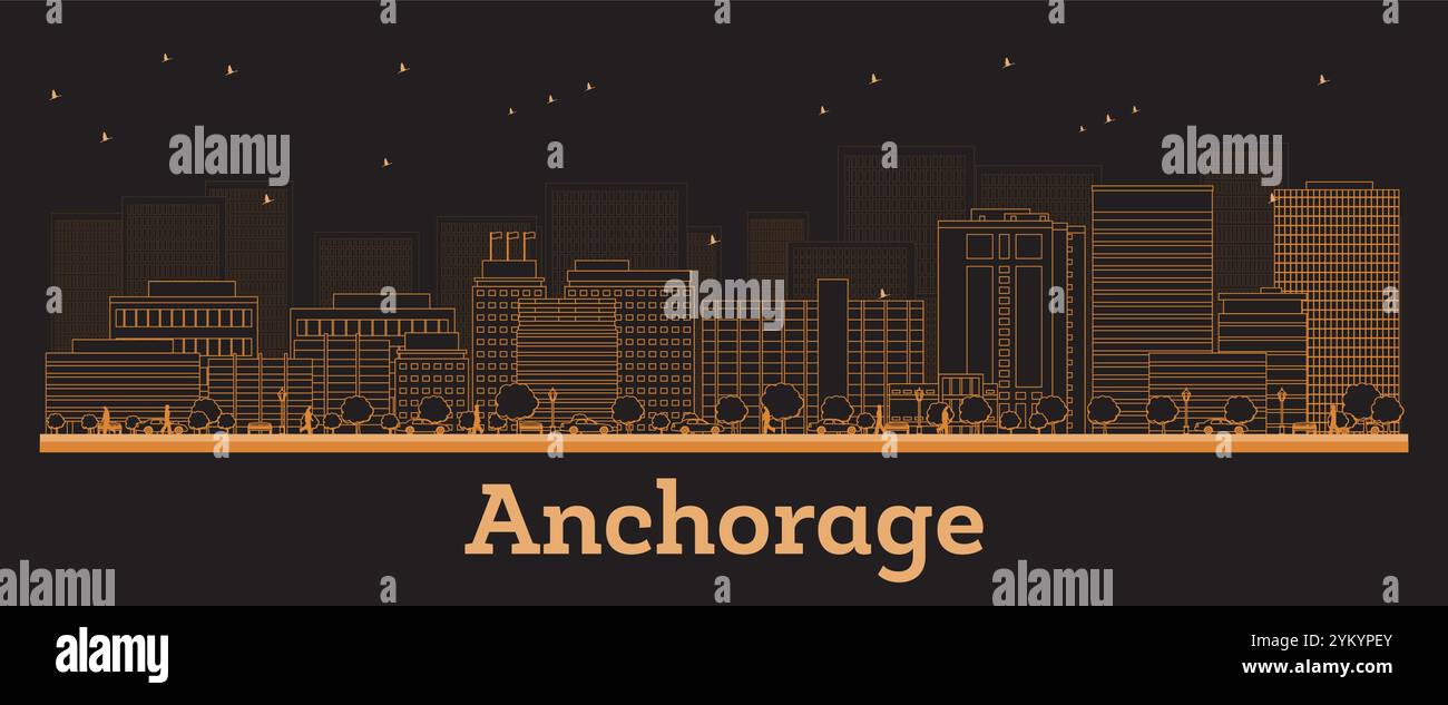 Outline Anchorage Alaska City Skyline orange Buildings. Vector ...