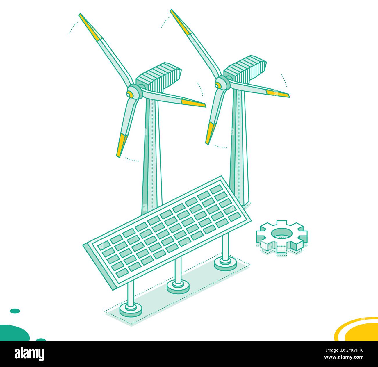 Isometric two wind power plants and solar panel isolated on white ...