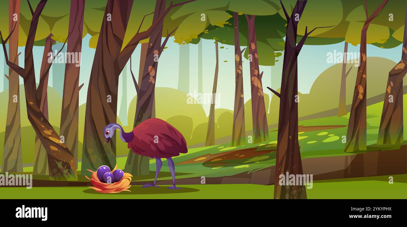 Brown fluffy ostrich bird standing near nest with eggs in forest ...