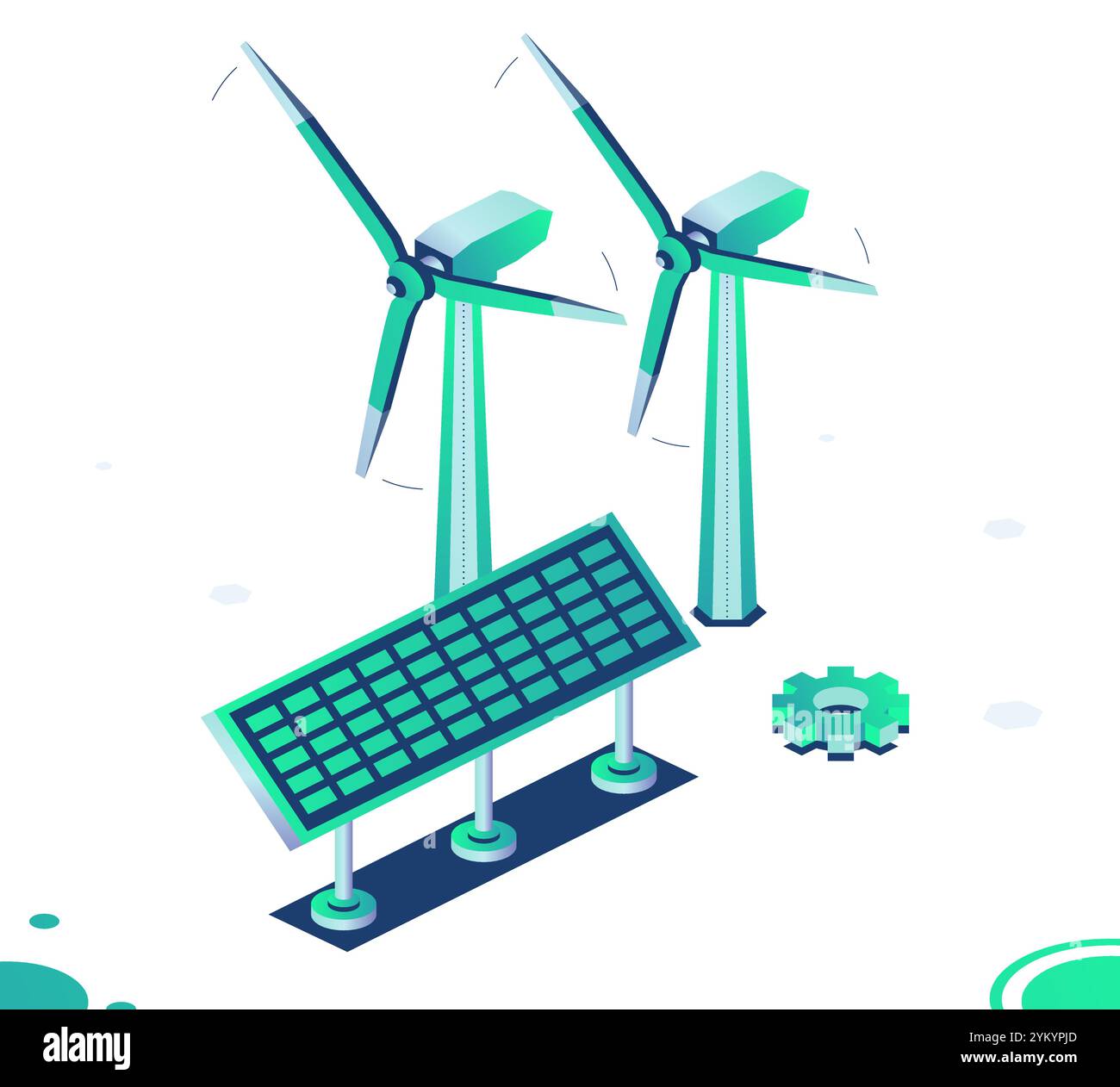 Isometric two wind power plants and solar panel isolated on white ...