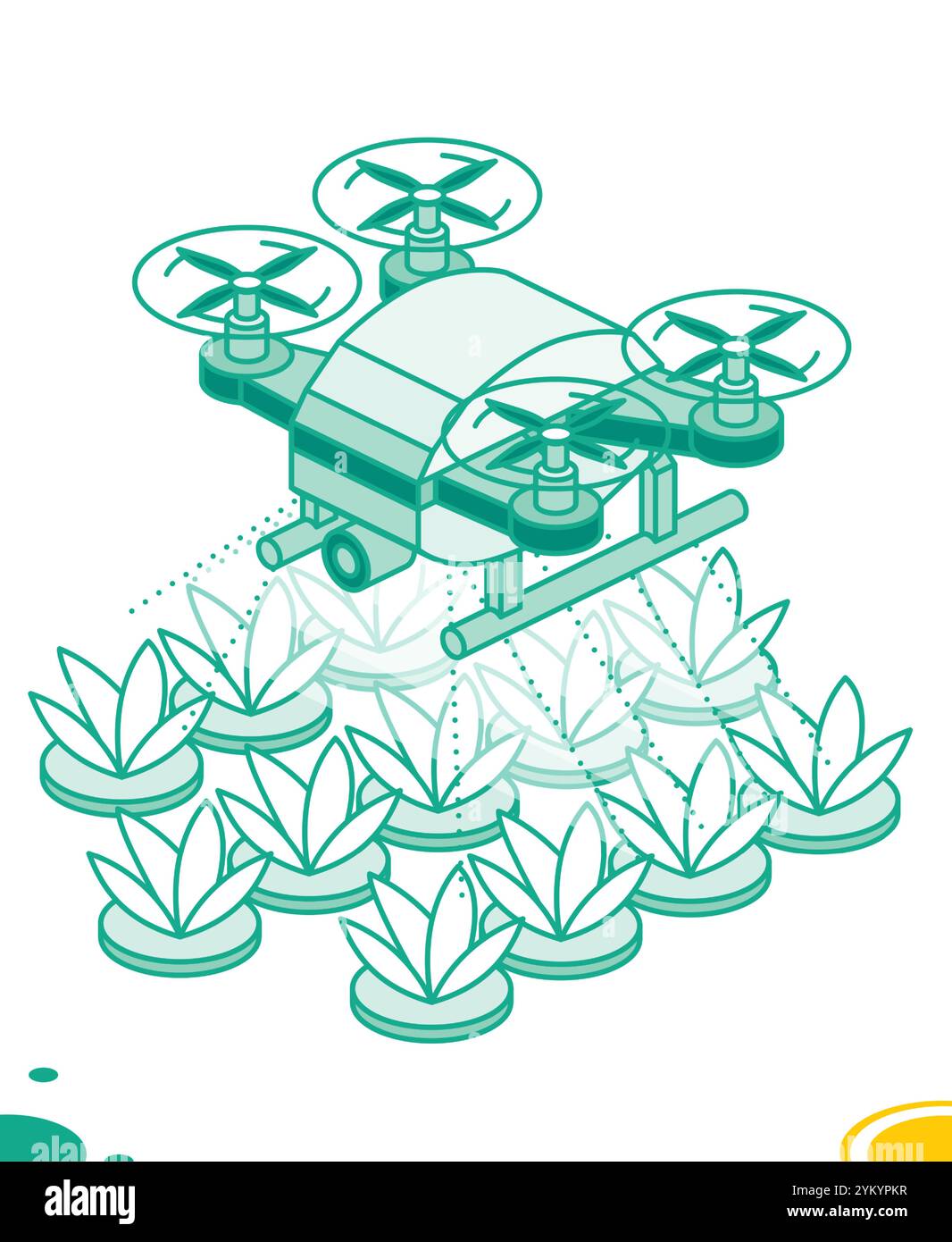 Isometric drone spraying pesticides on plants. Vector illustration. Smart farm with irrigation ...