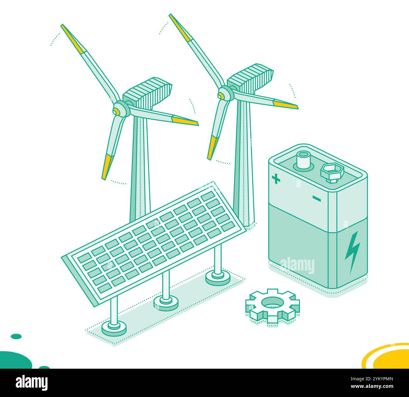 Isometric two wind power plants, solar panel and 9v battery isolated on ...