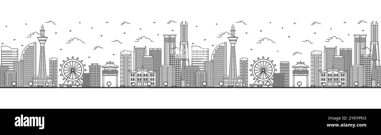 Seamless pattern with outline Yokohama Japan City Skyline with Modern ...