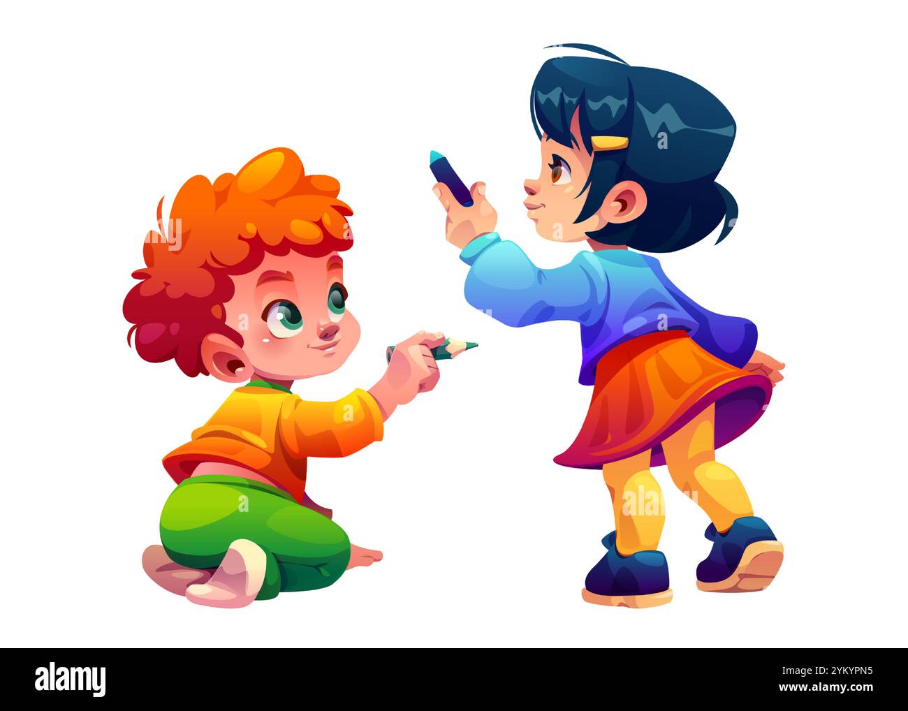 Cute kids drawing with crayon and pencil on wall isolated on white ...