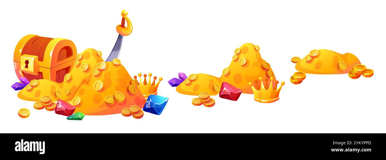 Treasure chest and piles of gold set isolated on white background ...