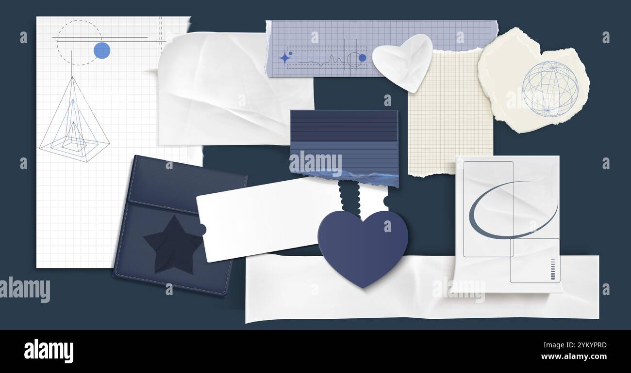 Torn paper sheets with geometric sketches scattered on navy background ...