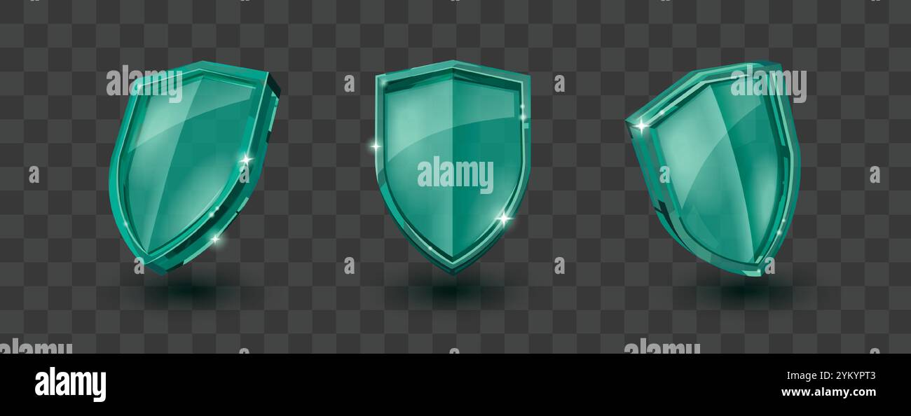 Green glass shields set isolated on transparent background. Vector ...