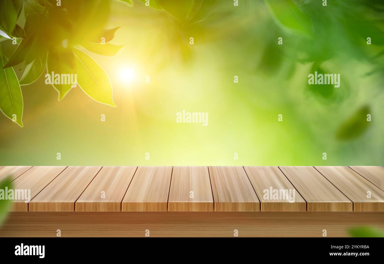 Wood floor with blurred trees of nature park background and summer ...