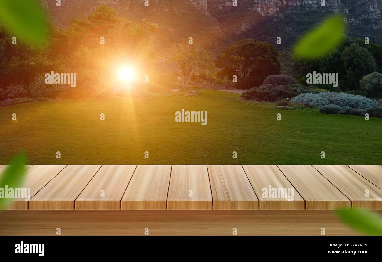 Wood floor with blurred trees of nature park background and summer ...