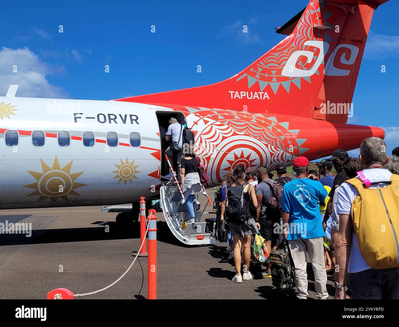 Passengers boarding an Air Tahiti flight, Nuku Hiva, Marquesas Islands ...