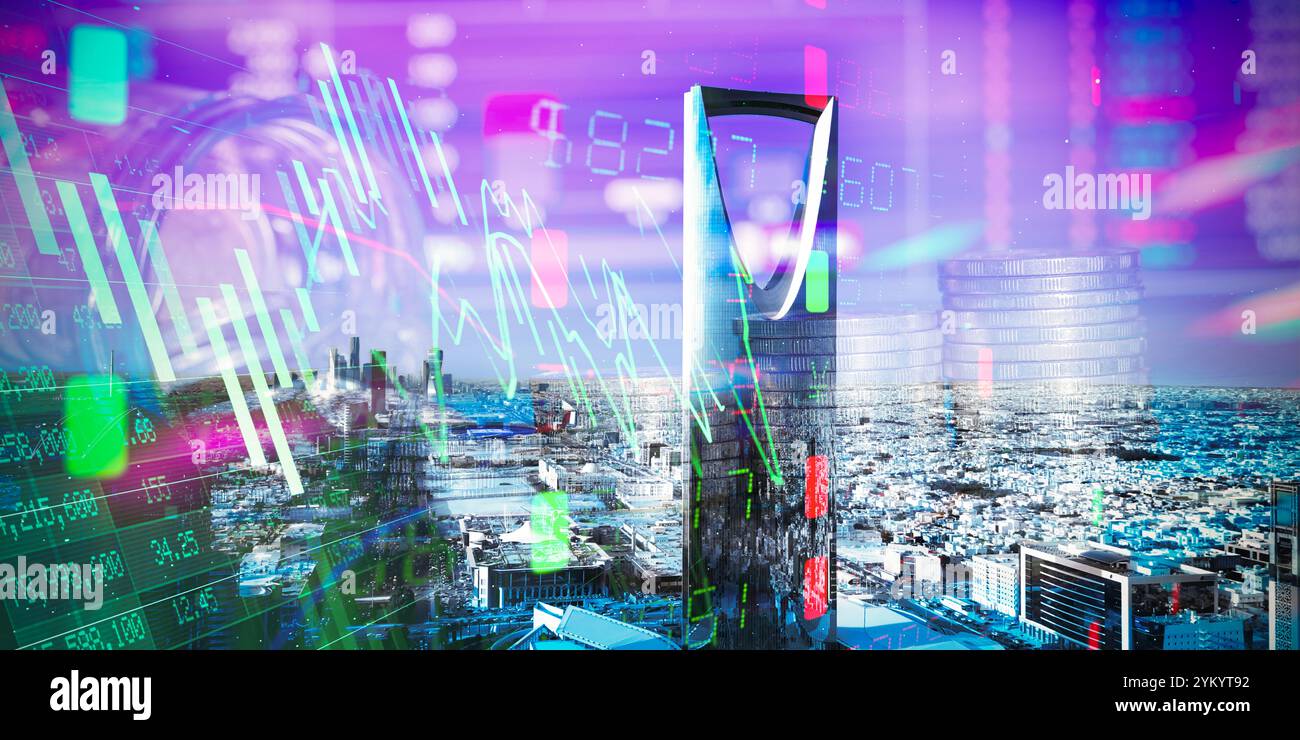 Money business financial graph diagram of coin. Riyadh city skyline ...