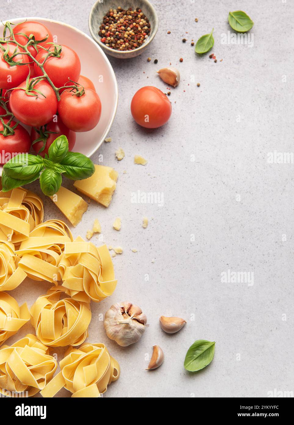 Fresh ingredients arranged on a textured background, forming a frame ...