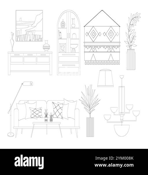 A collection of outline Scandinavian-style interior decor and furniture ...