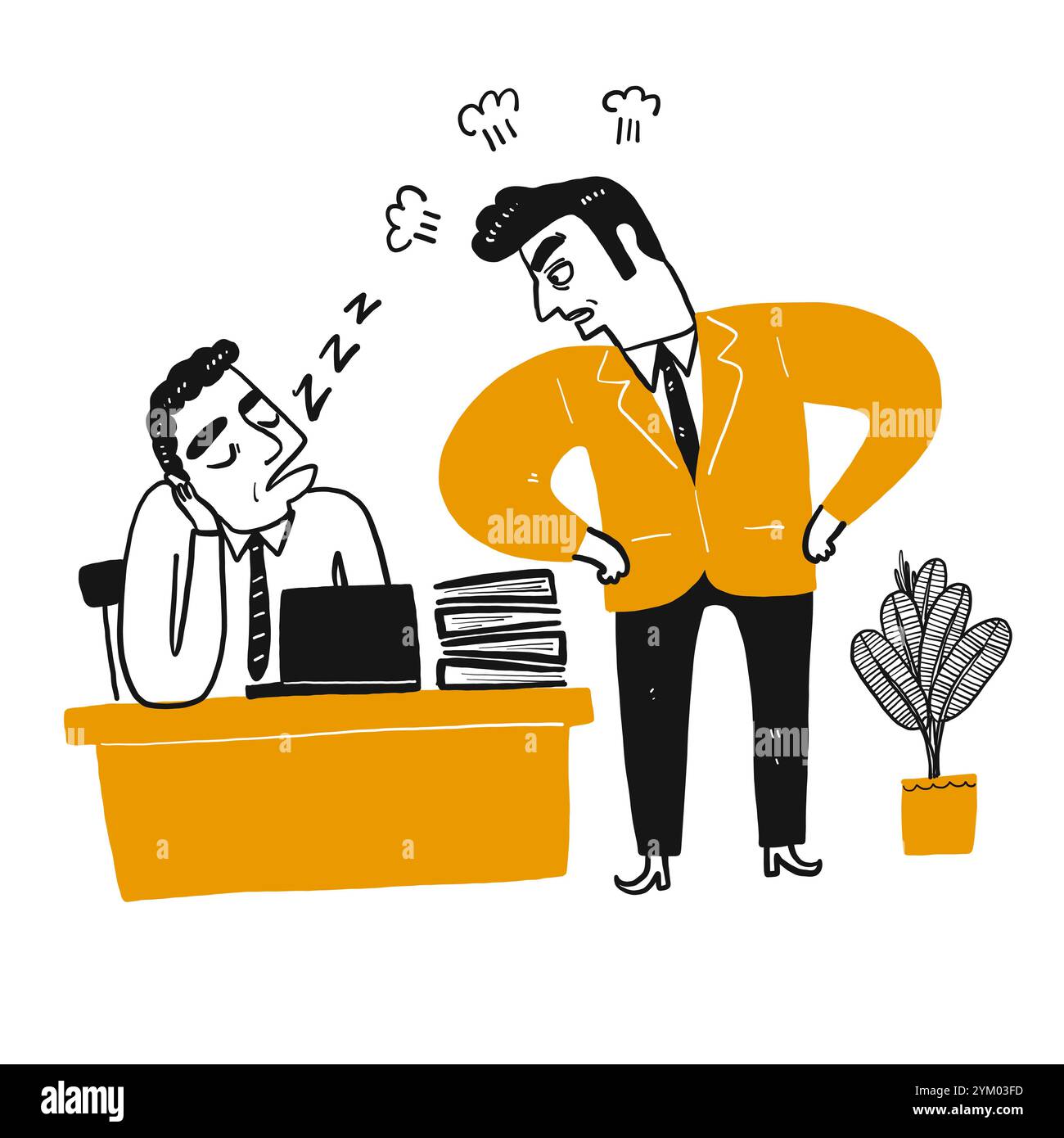 The angry boss look sleeping employee. Hand drawn doodle style vector ...