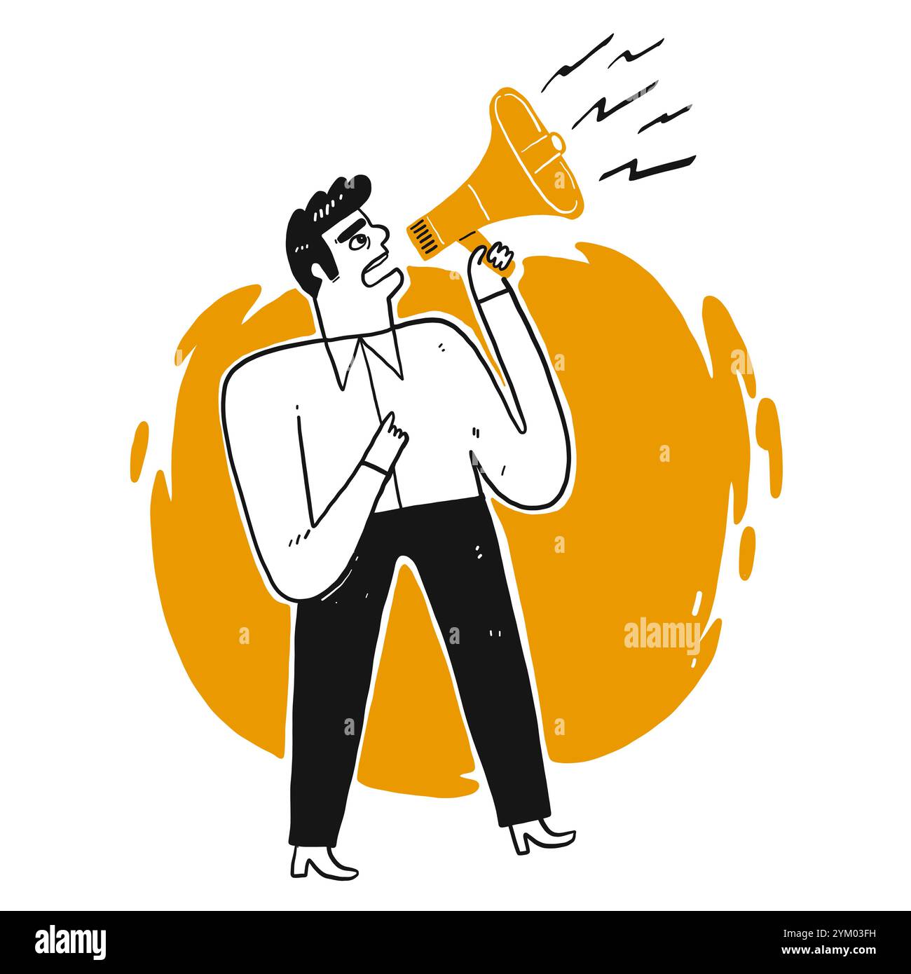 Business man shouting through loud speaker. Hailer energetic yelling ...