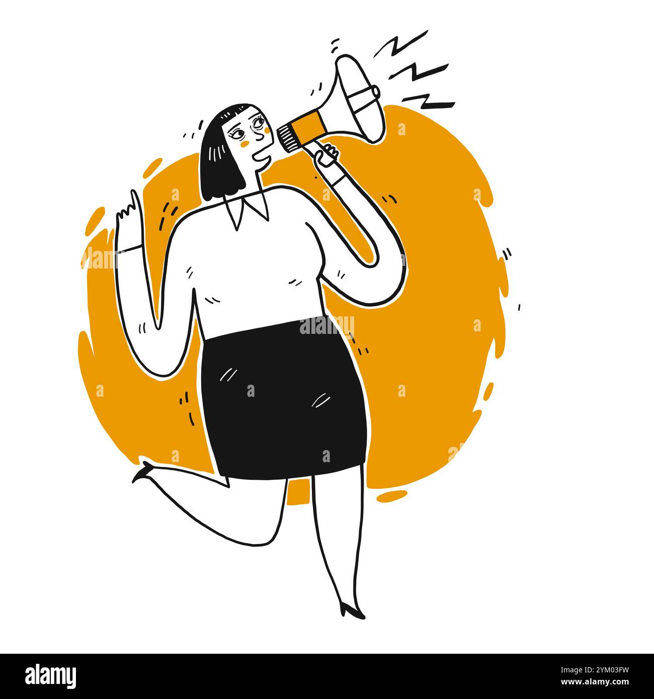 Young woman shouting through loud speaker. Hailer energetic yelling ...