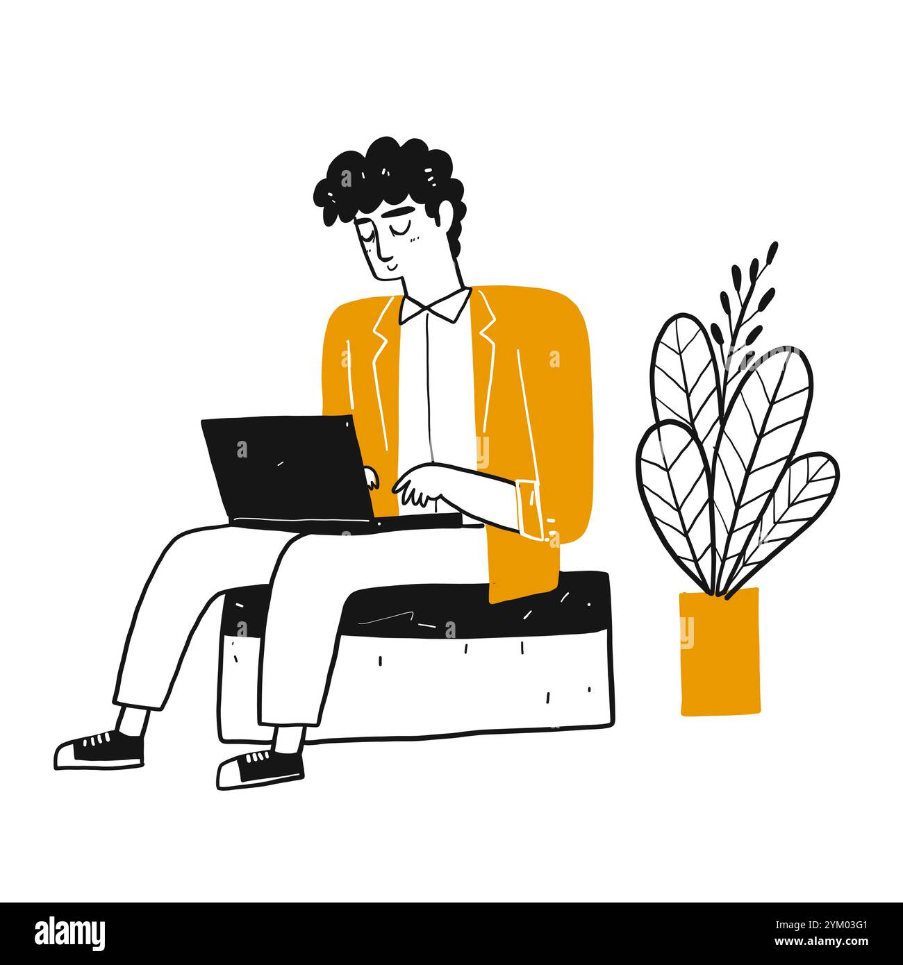 The drawing character a man use notebook, Vector illustration in sketch ...