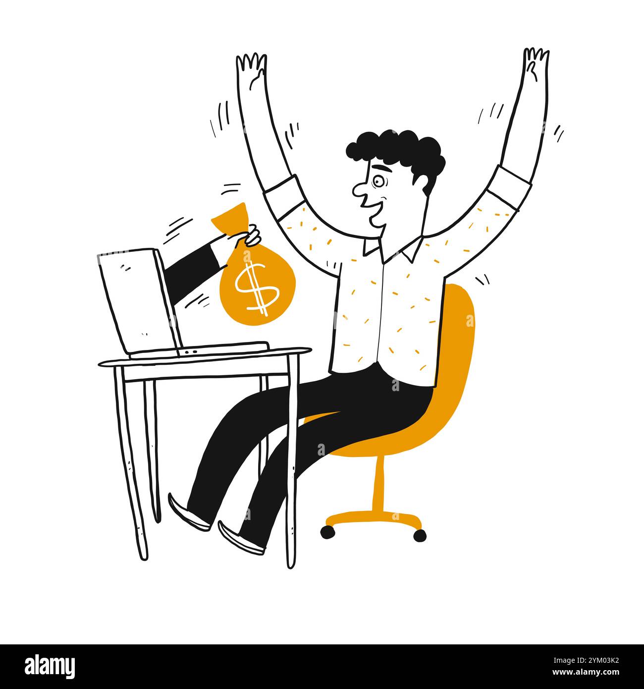 Young man be happy looking the poking hand from laptop along with money ...