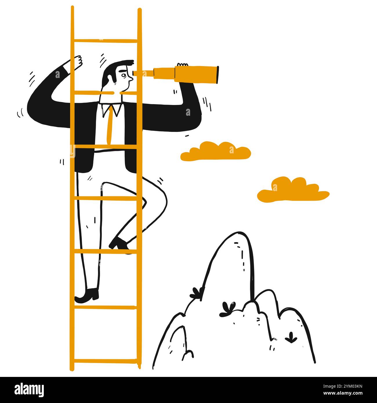 Businessman leader climb stair to peak with telescope for look around ...