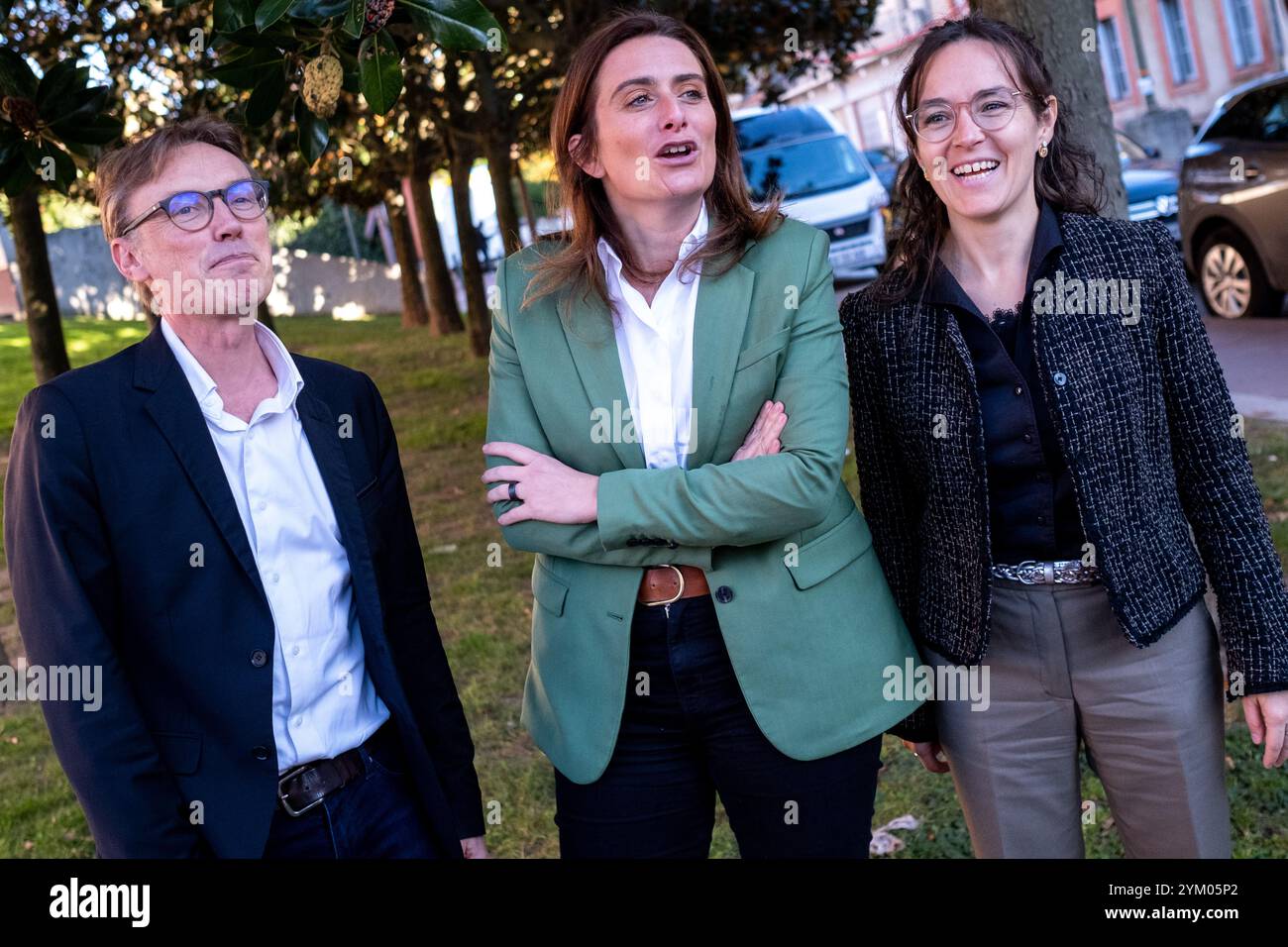 Regis Godec and Marine Tondelier and Helene Cabanes during a press ...