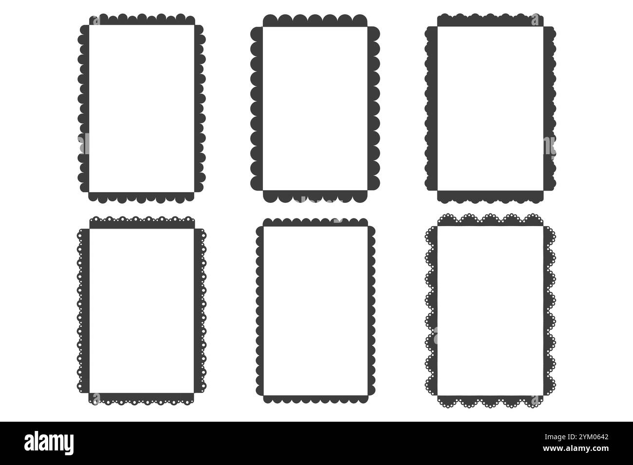 Scalloped border curve lace frame set. Silhouette frilly figure, stamp ...