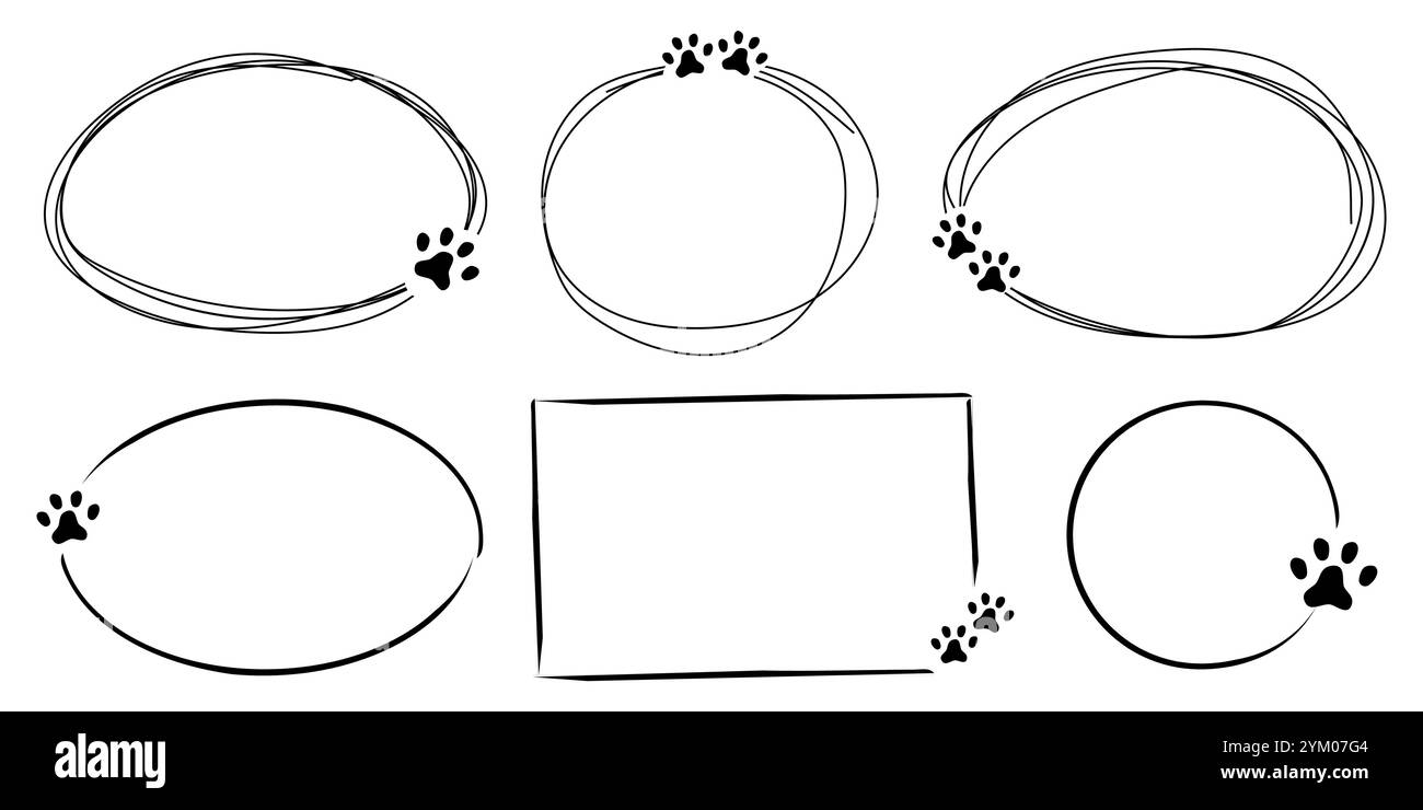 Line frame with cute pet foot print stamp, pawprint decoration. Cat or ...