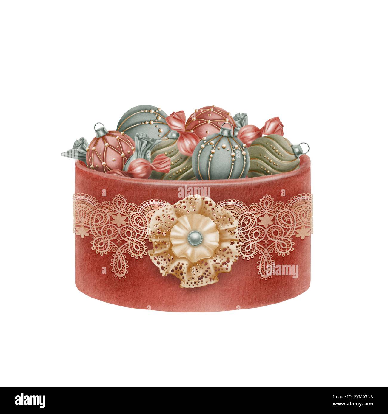 Vintage style round hat box with lid covered in red velvet with beige ...