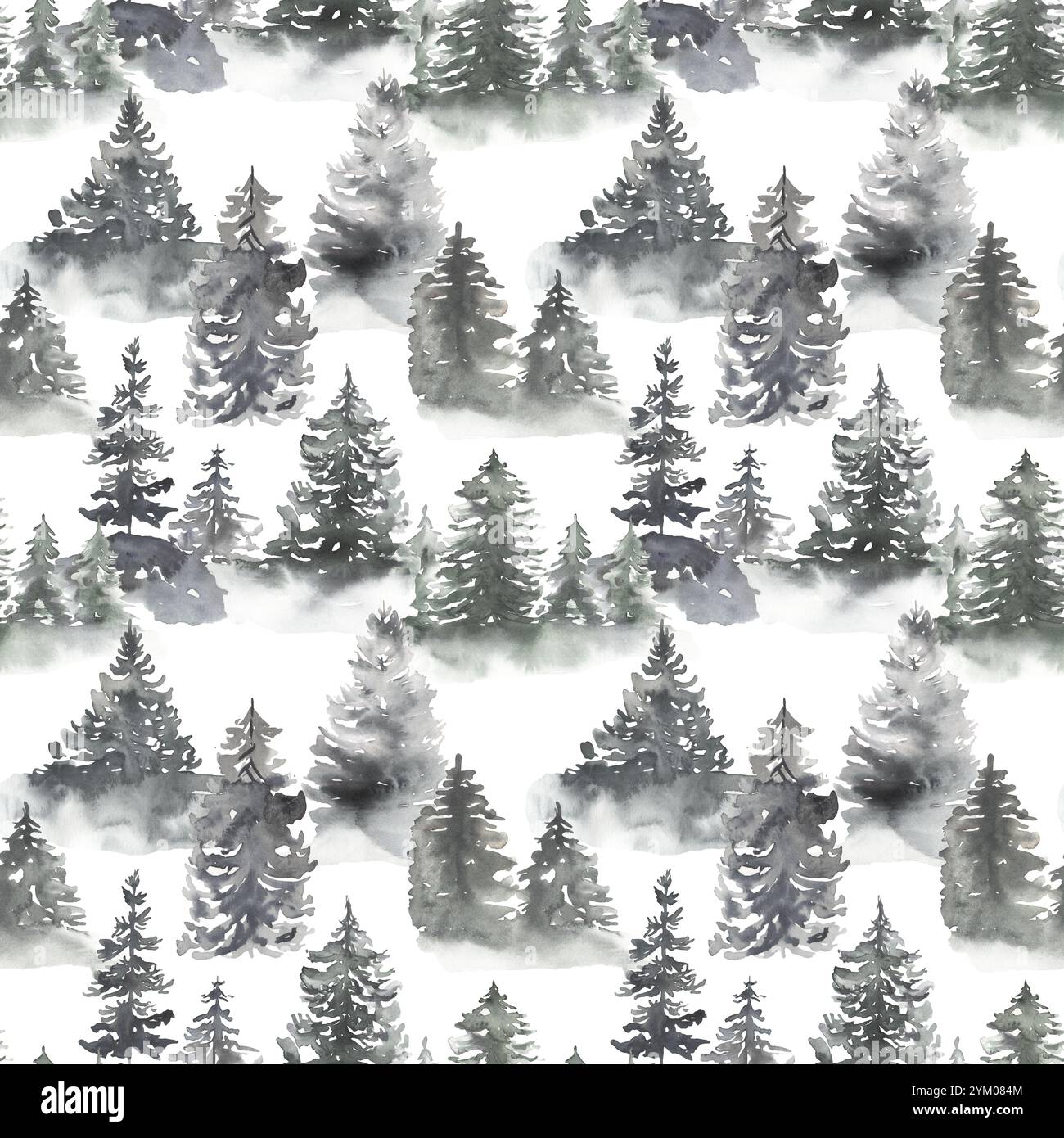 Watercolor hand drawn snowy forest trees seamless pattern, gray color ...