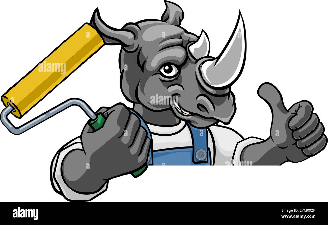 Rhino Painter Decorator Paint Roller Mascot Man Stock Vector Image ...