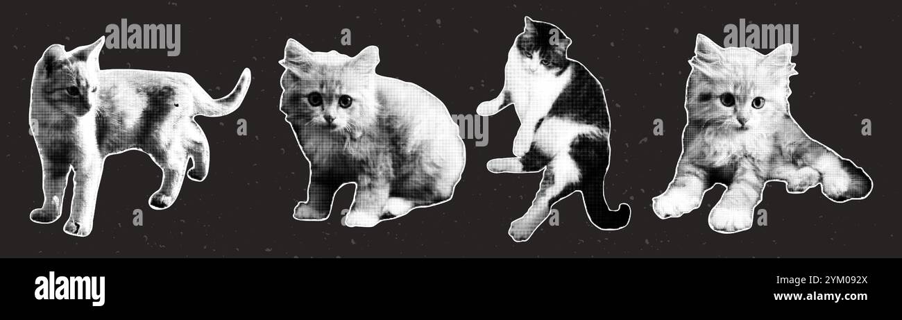 Set of halftone cats. Vector elements in pop art style. Y2k collage design Stock Vector Image ...