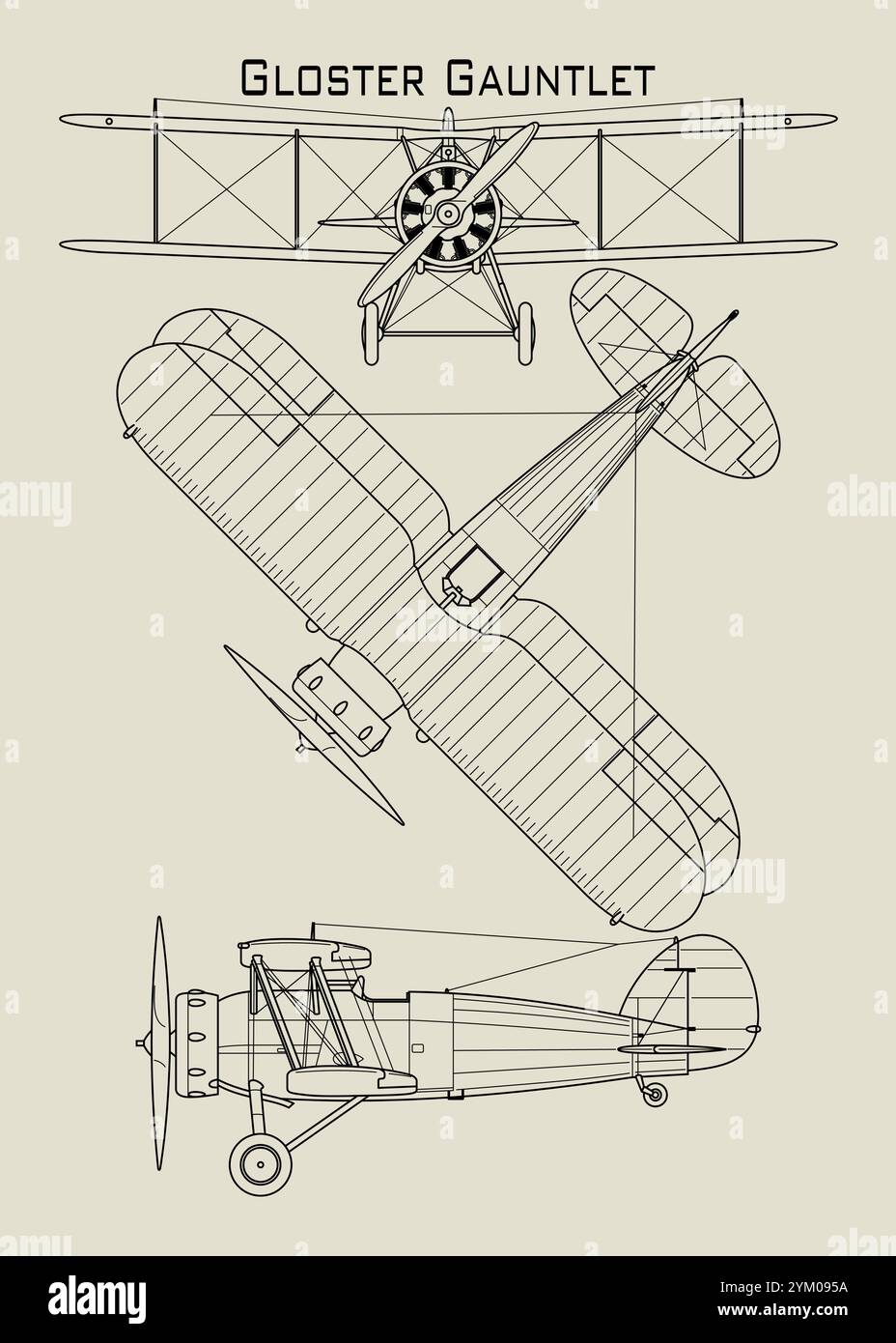 This technical drawing depicts a Gloster Gauntlet biplane from multiple ...