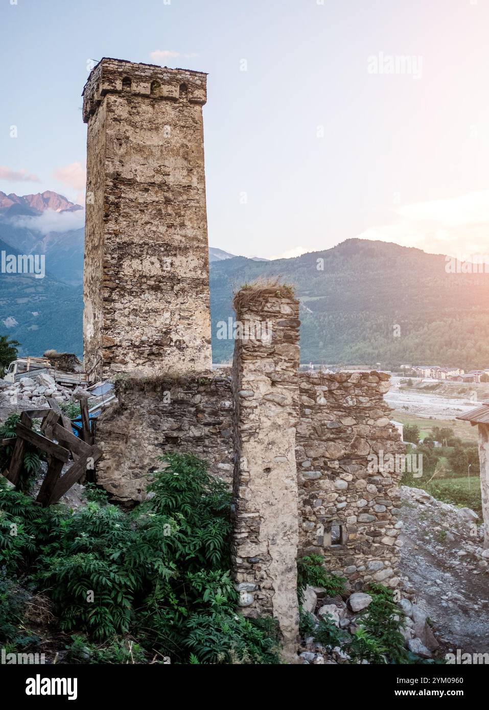 Old stone svan tower in street of Mestia town in Svaneti, Georgia Stock ...