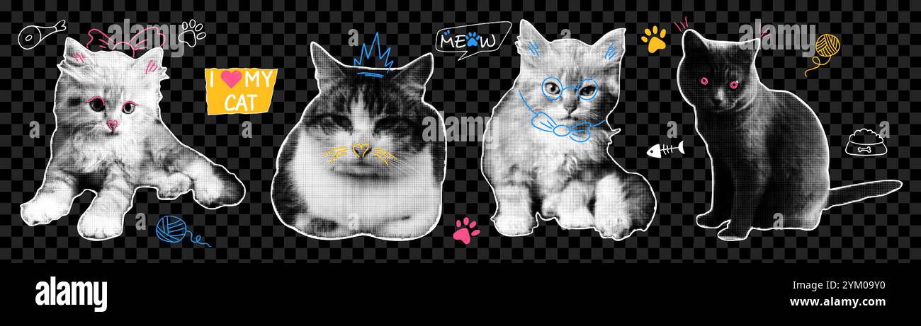 Set of halftone cats with doodle elements. Vector elements in pop art ...