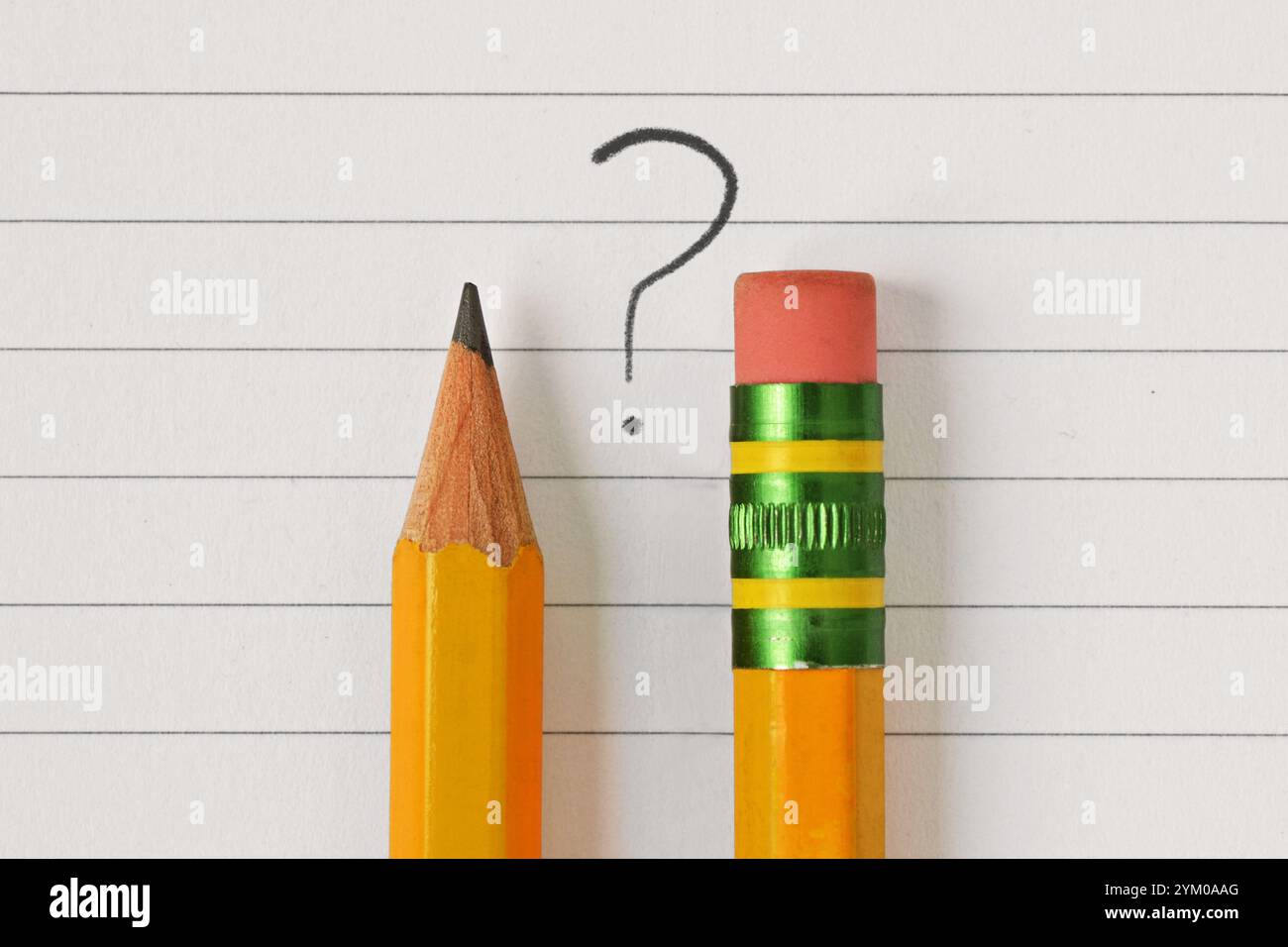 Pencil and eraser with question mark on lined paper - Create or destroy ...