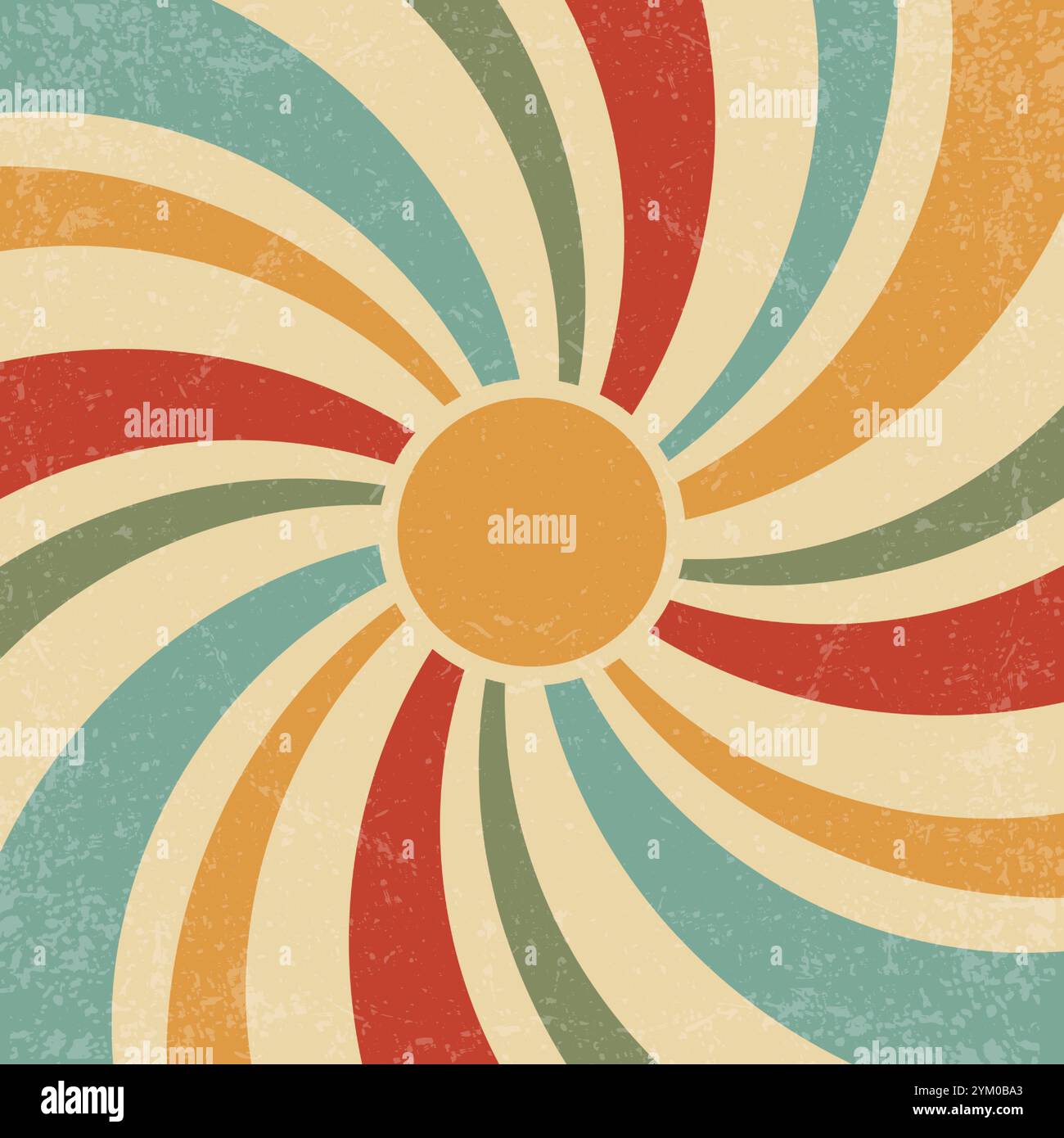 Retro sun background with wavy rays. Vector vintage 70s summer poster with groovy sunrise ...