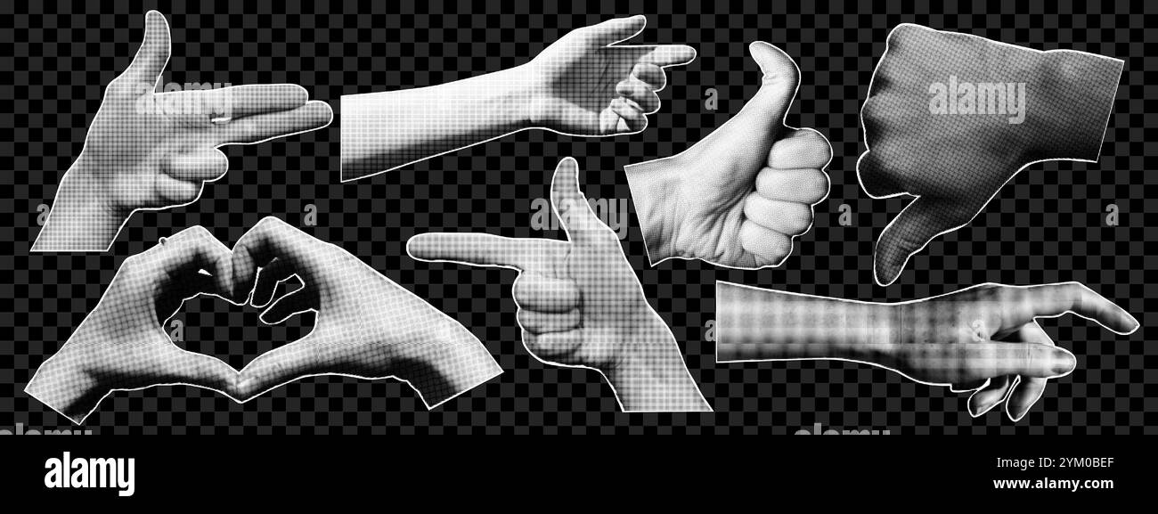 Collection of halftone hands. Gesture signs. Set of collage elements ...