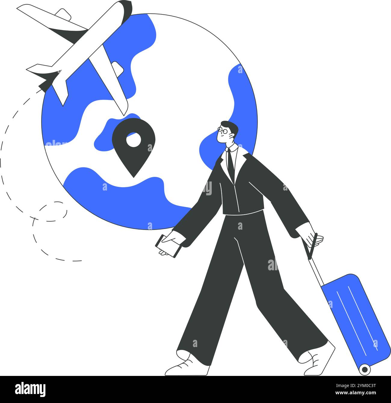 Male Traveler With Luggage Walking Past Globe And Airplane In Flat ...