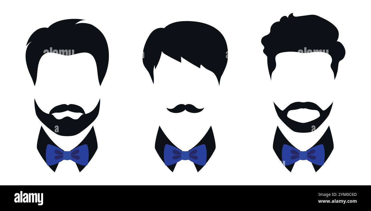 Abstract men in bow ties. Men hairstyles set decorated with blue bow ...