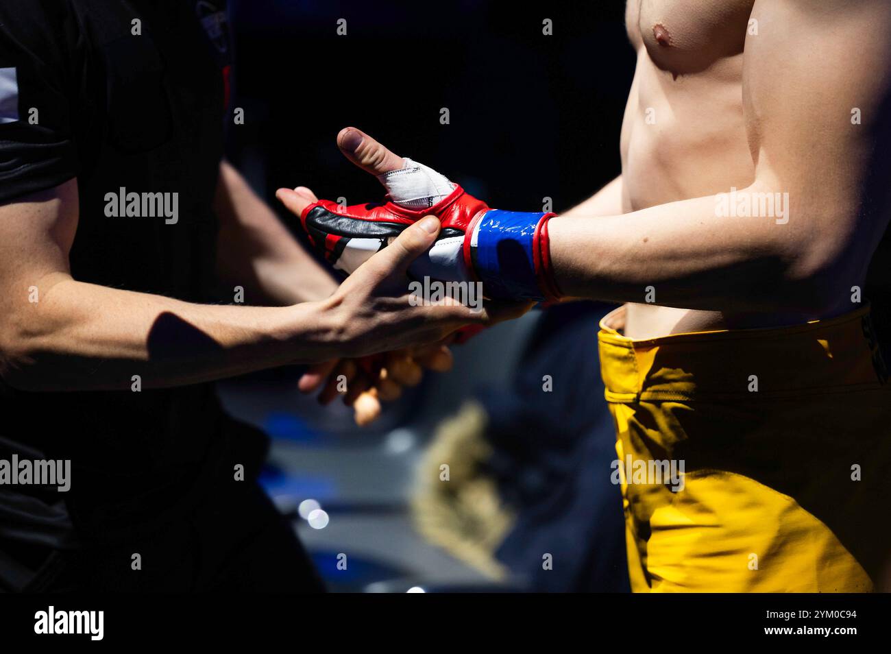 MMA glove on the fighter's hand during the referee's inspection before ...